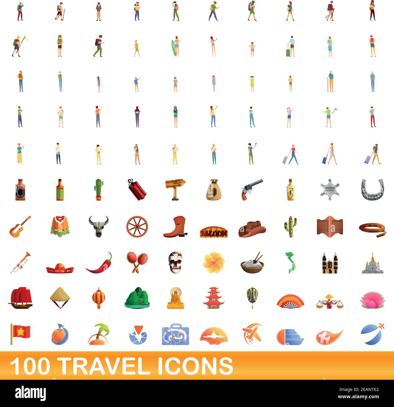 100 travel icons set. Cartoon illustration of 100 travel icons vector ...