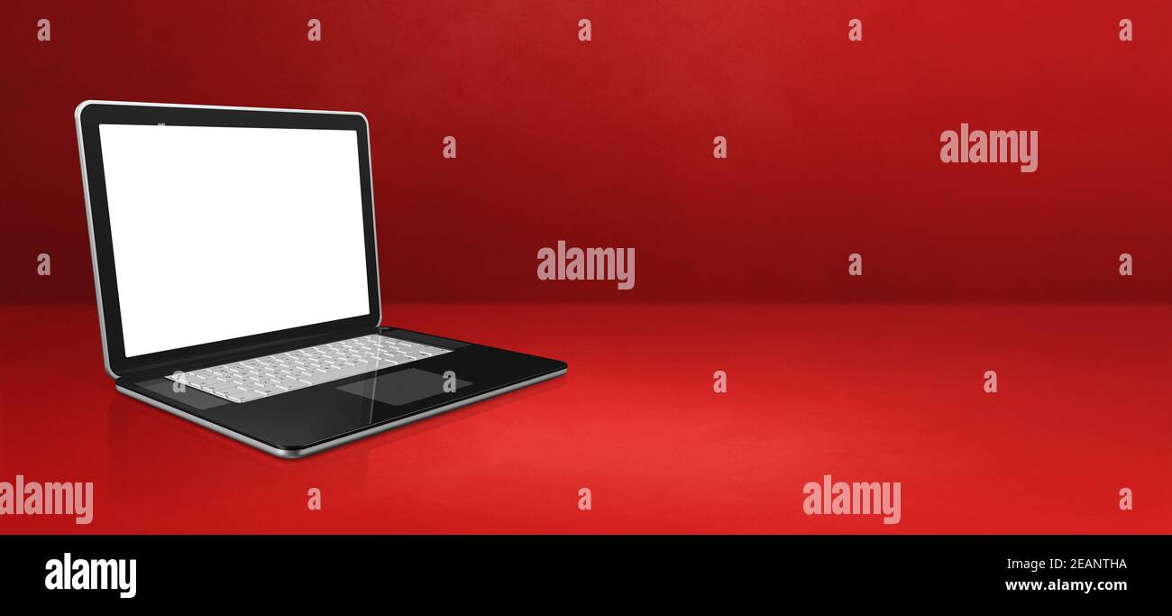 Laptop computer on red office scene background banner Stock Photo - Alamy