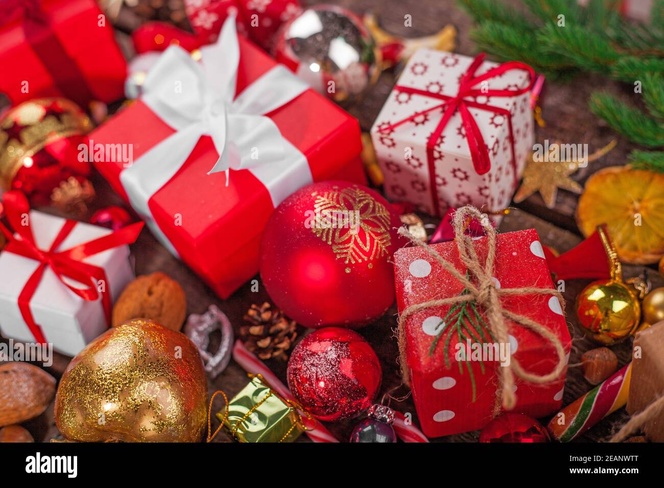 Handmade wrapped christmas gift boxes on celebrate background Stock ...