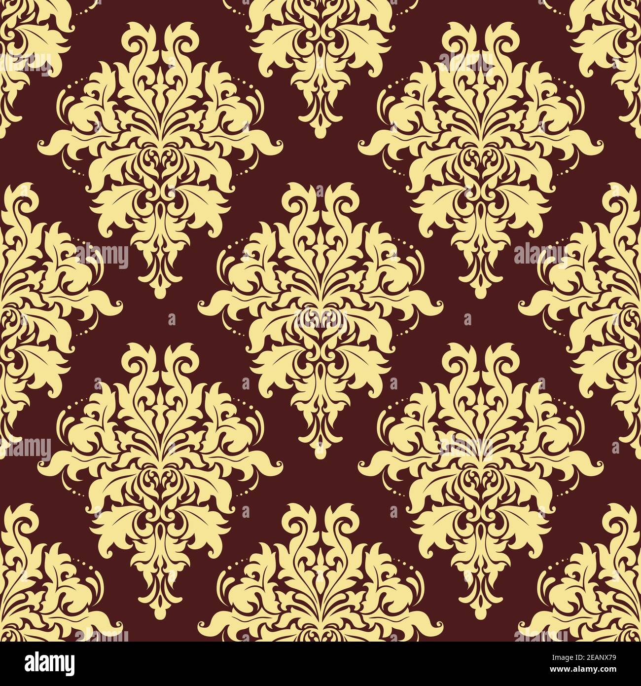 Floral retro yellow seamless pattern on maroon, crimson or dark red ...