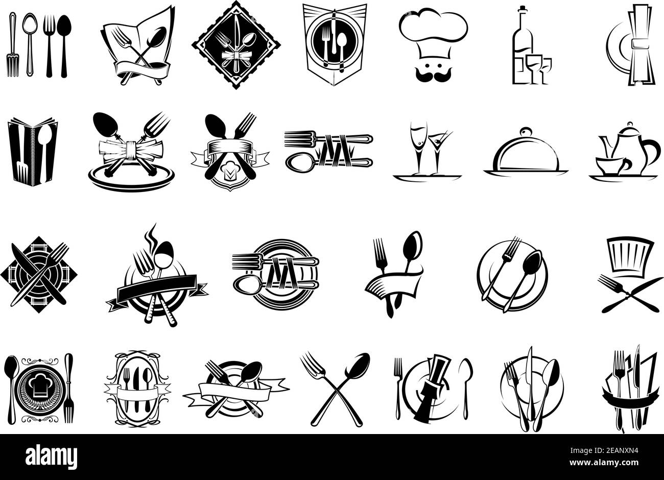 Food, restaurant and silverware icons, logo, emblems or symbols set ...