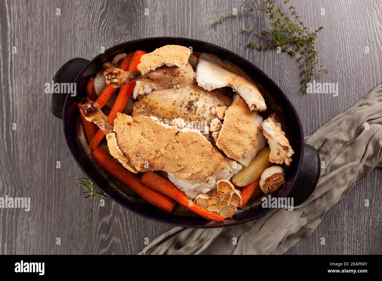Salt crusted chicken with vegetable from above Stock Photo - Alamy