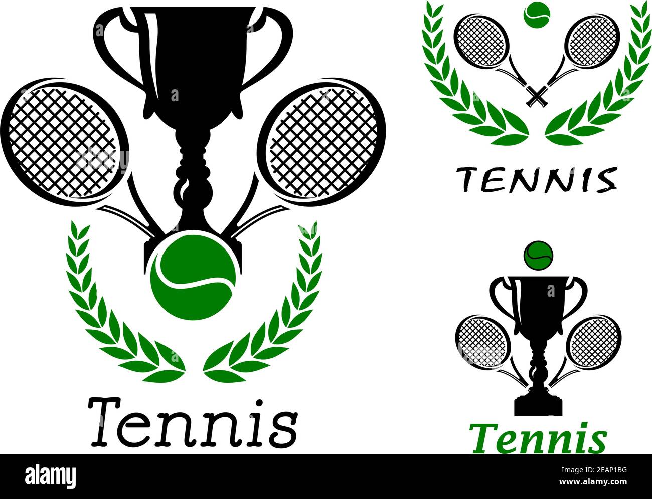 Tennis sporting emblems or logos set with ball, trophy cup, crossed ...