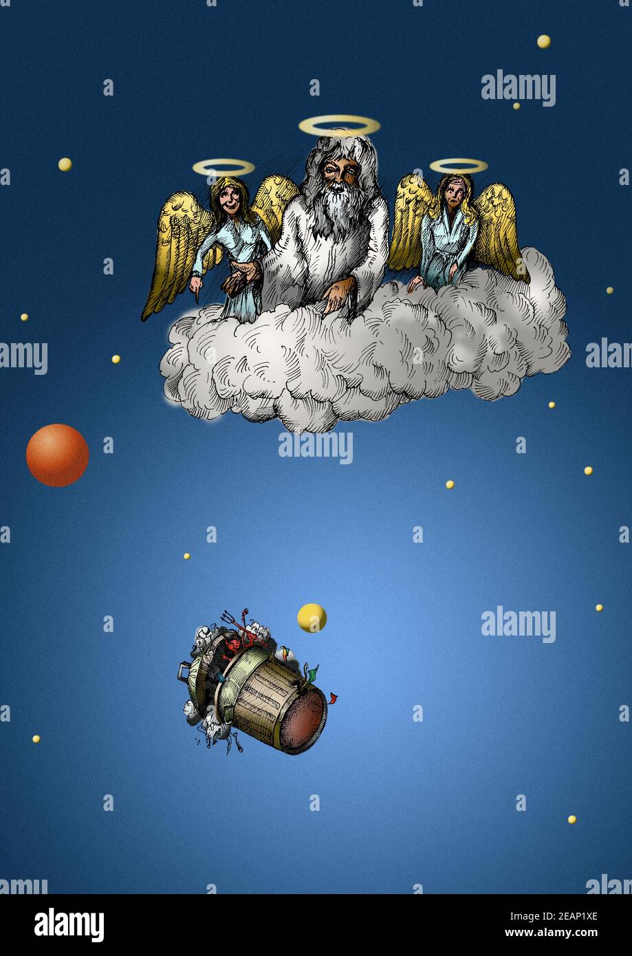 angels asking god about earth, cartoon Stock Photo - Alamy