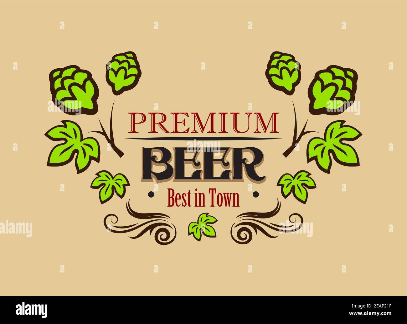 Premium beer banner or emblem with swirles, hop and malt for brewery ...