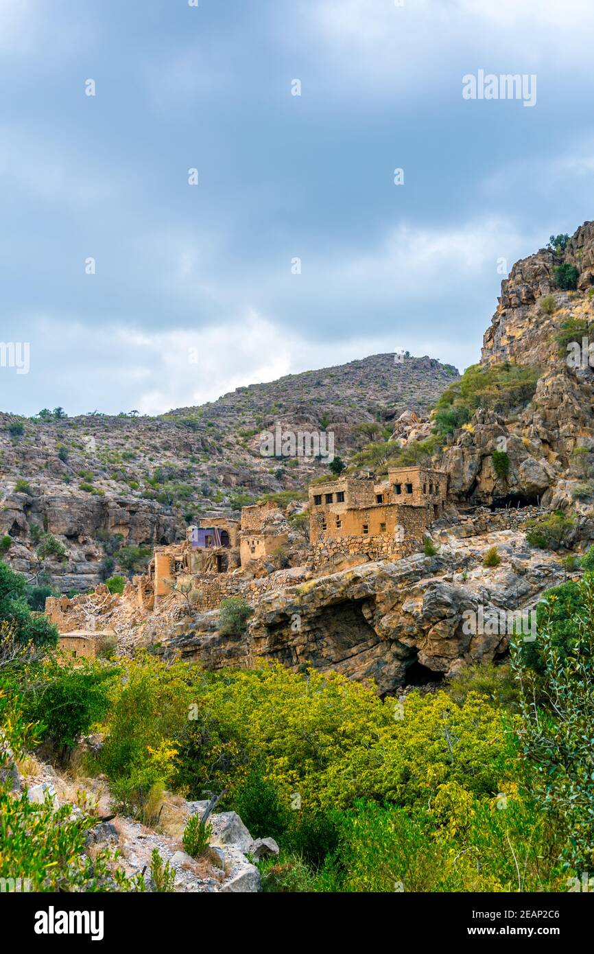 View of ruins of an abandoned village at the Wadi Bani Habib at the ...