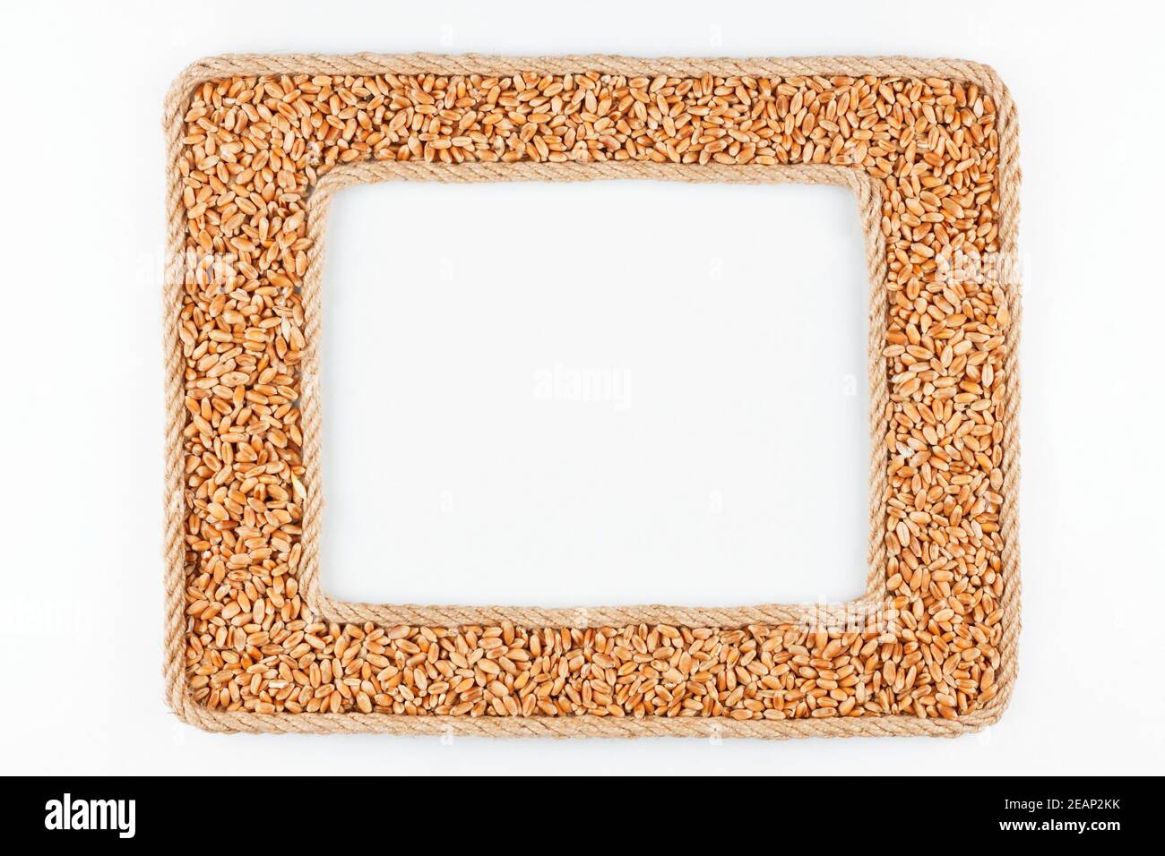 Two frames made of the rope with wheat grain on a white background ...