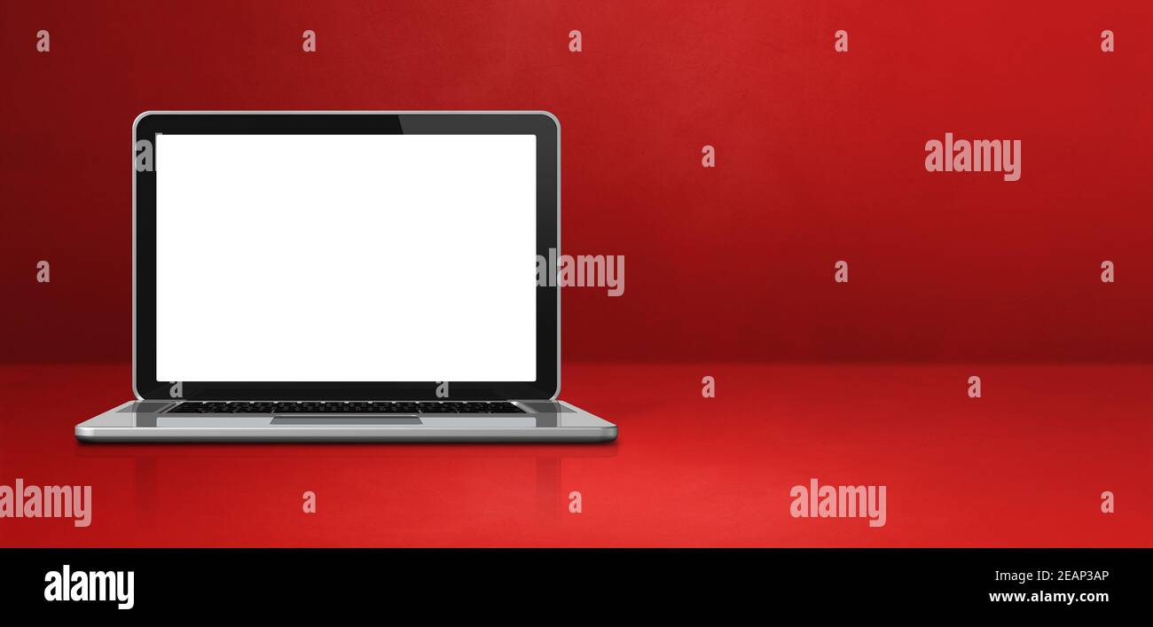 Laptop computer on red office scene background banner Stock Photo - Alamy