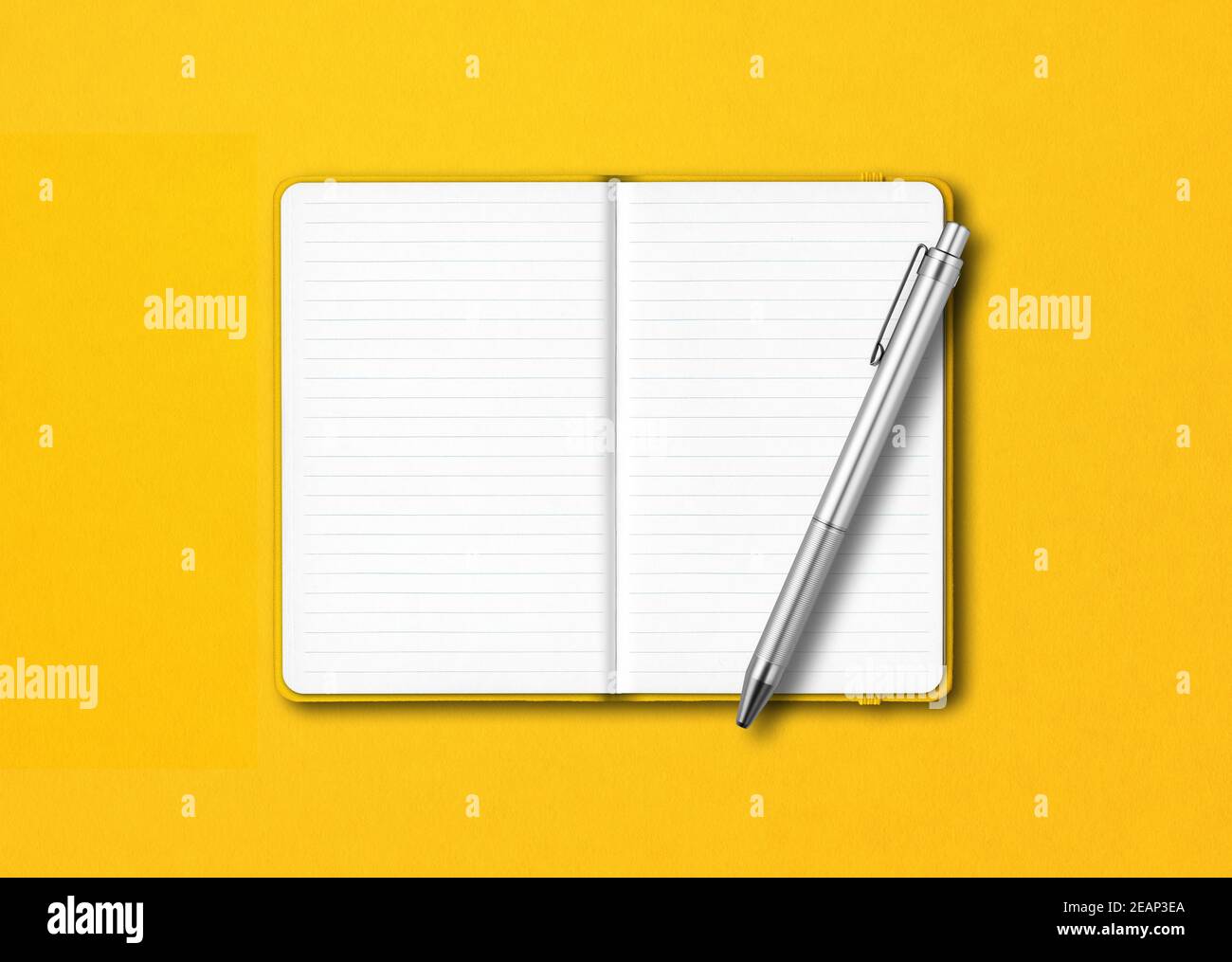 Yellow open notebook with a pen isolated on colorful background Stock ...