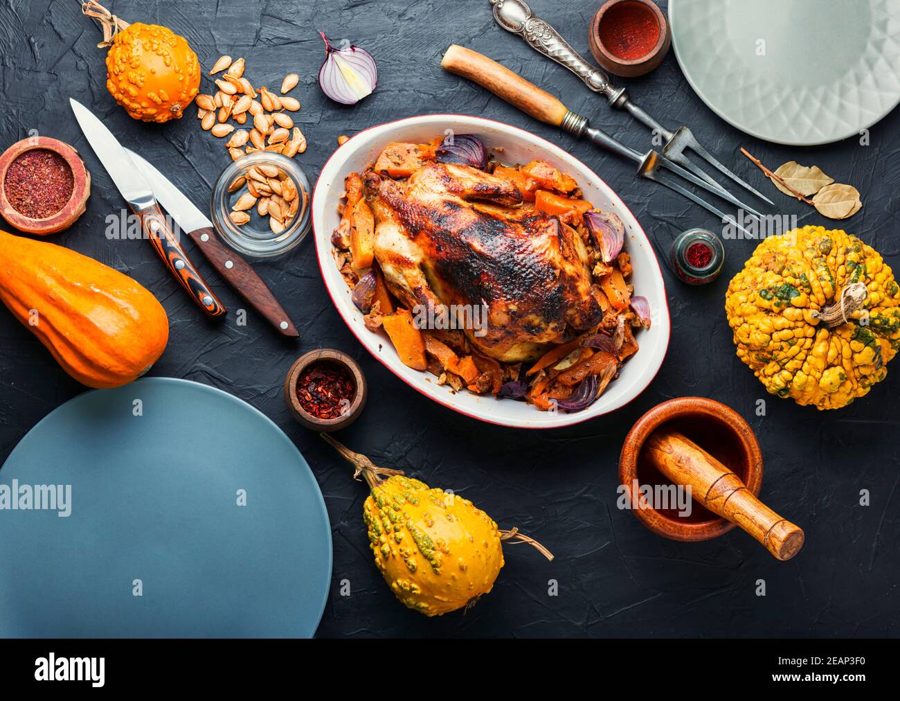 Baked partridge with pumpkin Stock Photo - Alamy