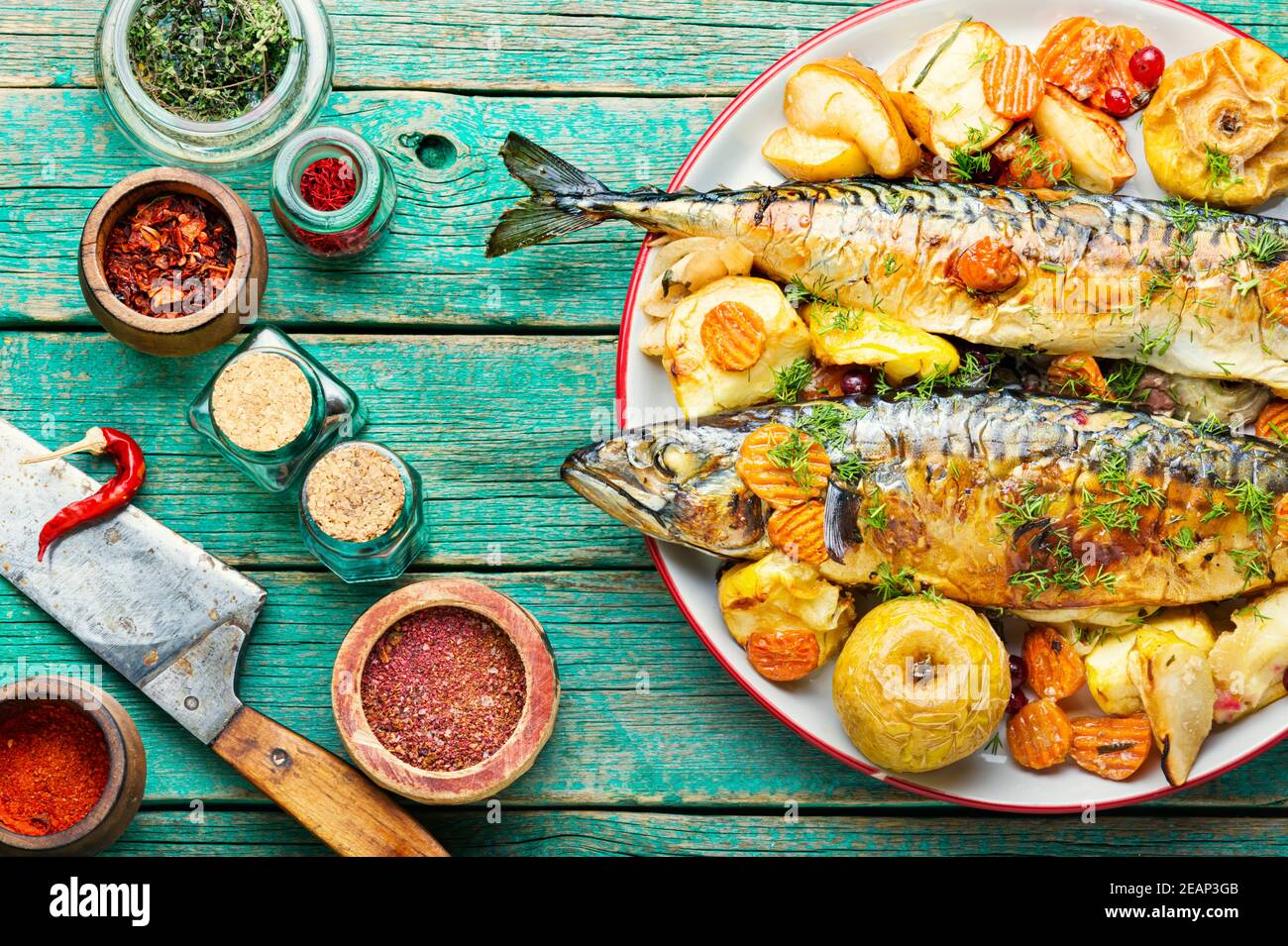 Baked fish with apple Stock Photo - Alamy