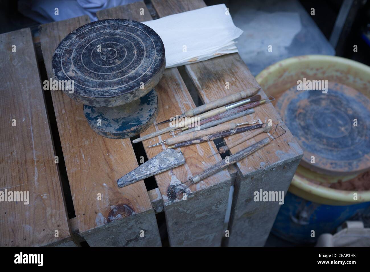 Concept Ceramic workshop. Pottery tools Stock Photo - Alamy