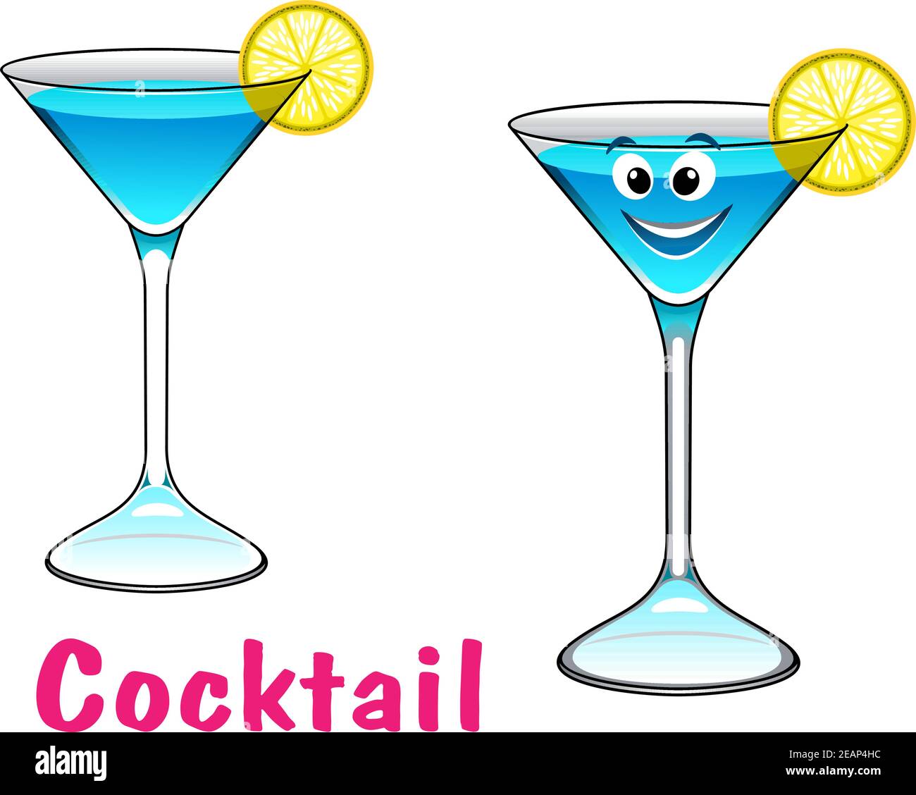 Cartoon happy cute cocktail character with lemon slice. For cafe, bar ...