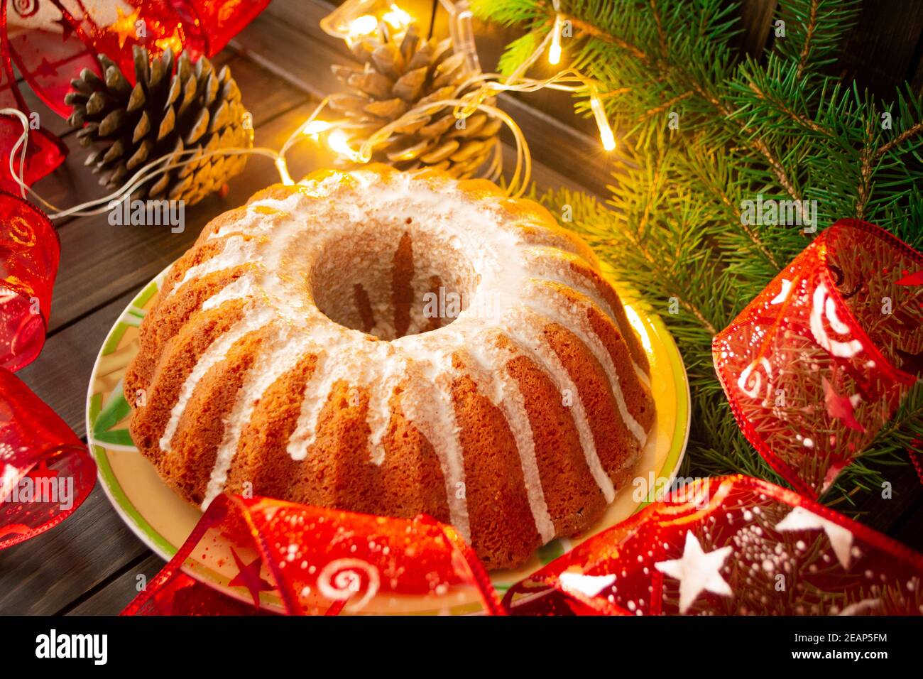 Traditional homemade christmas cake holiday dessert with new year tree ...