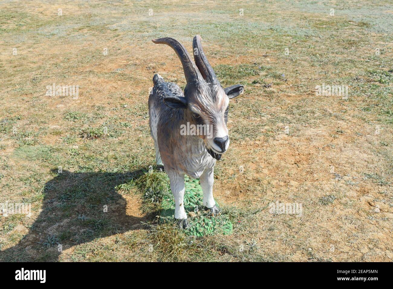 Horny goat toy. Statue of a goat with horns made of plastic on the lawn ...