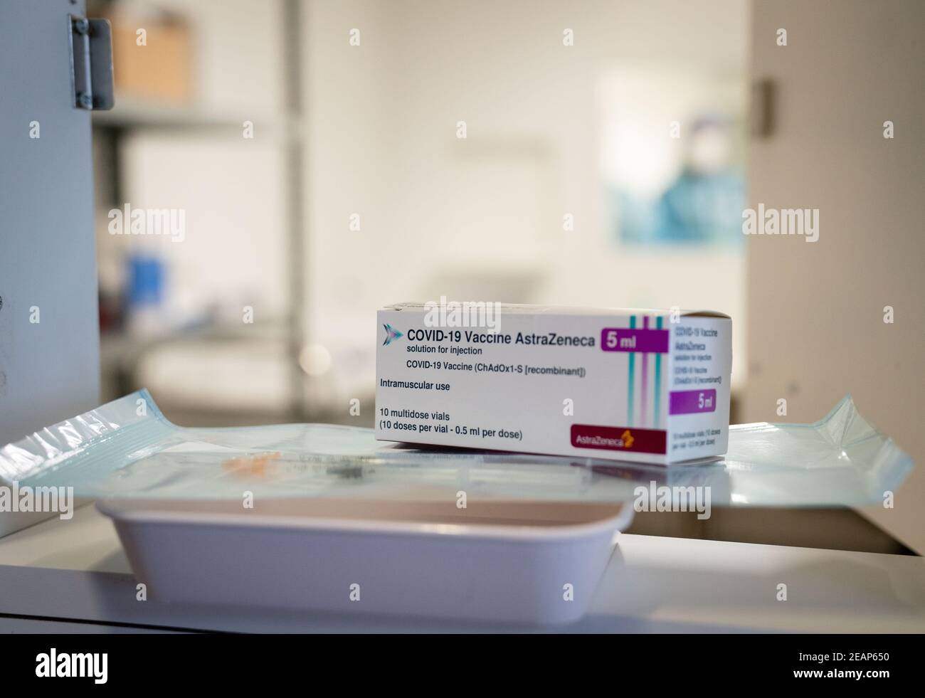 Berlin, Germany. 10th Feb, 2021. Syringes and a pack of the vaccine ...