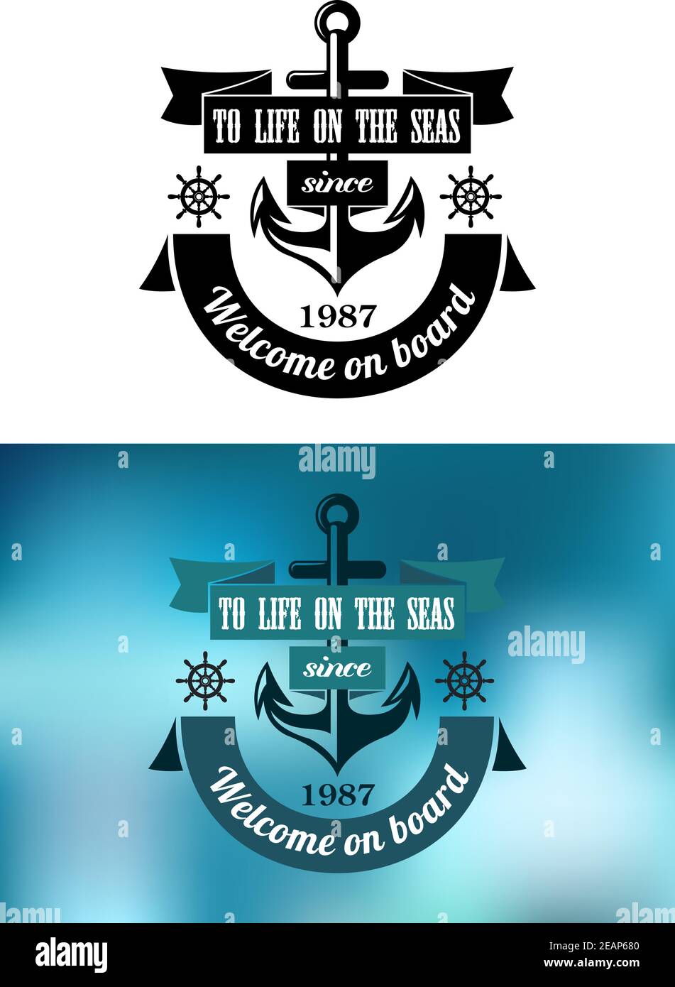 Retro marine heraldic label with anchor, ship steering wheel, text and ...