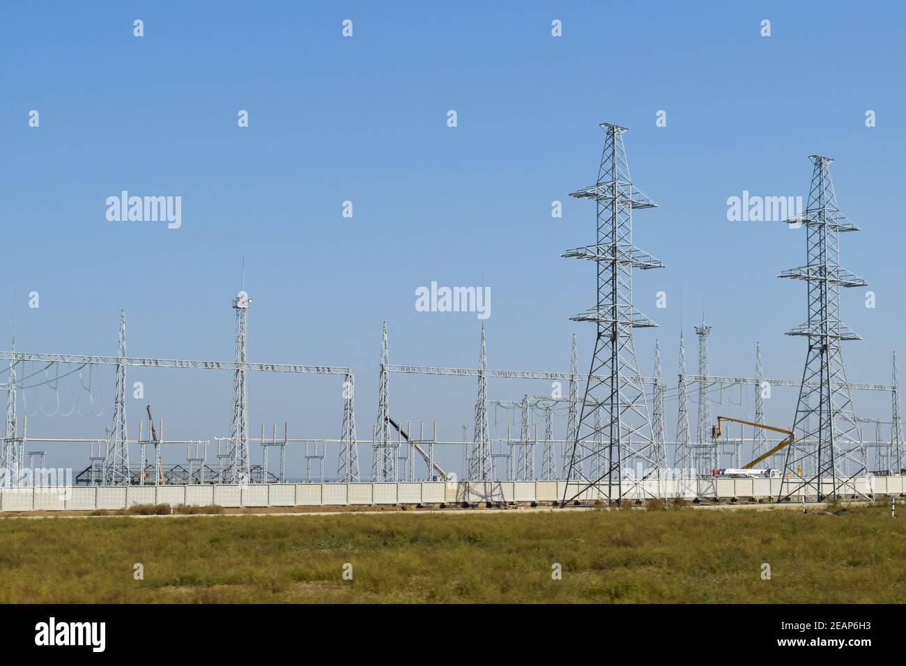 Power line support, insulators and wires. Appearance of a design ...