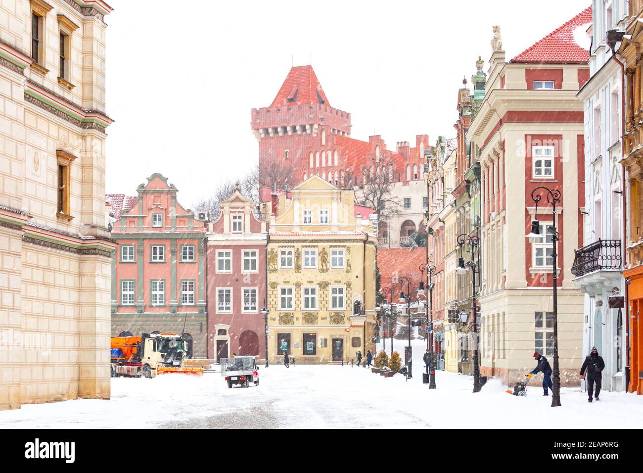 Royal Castle and Old Market square in Old Town of Poznan in the snowy ...