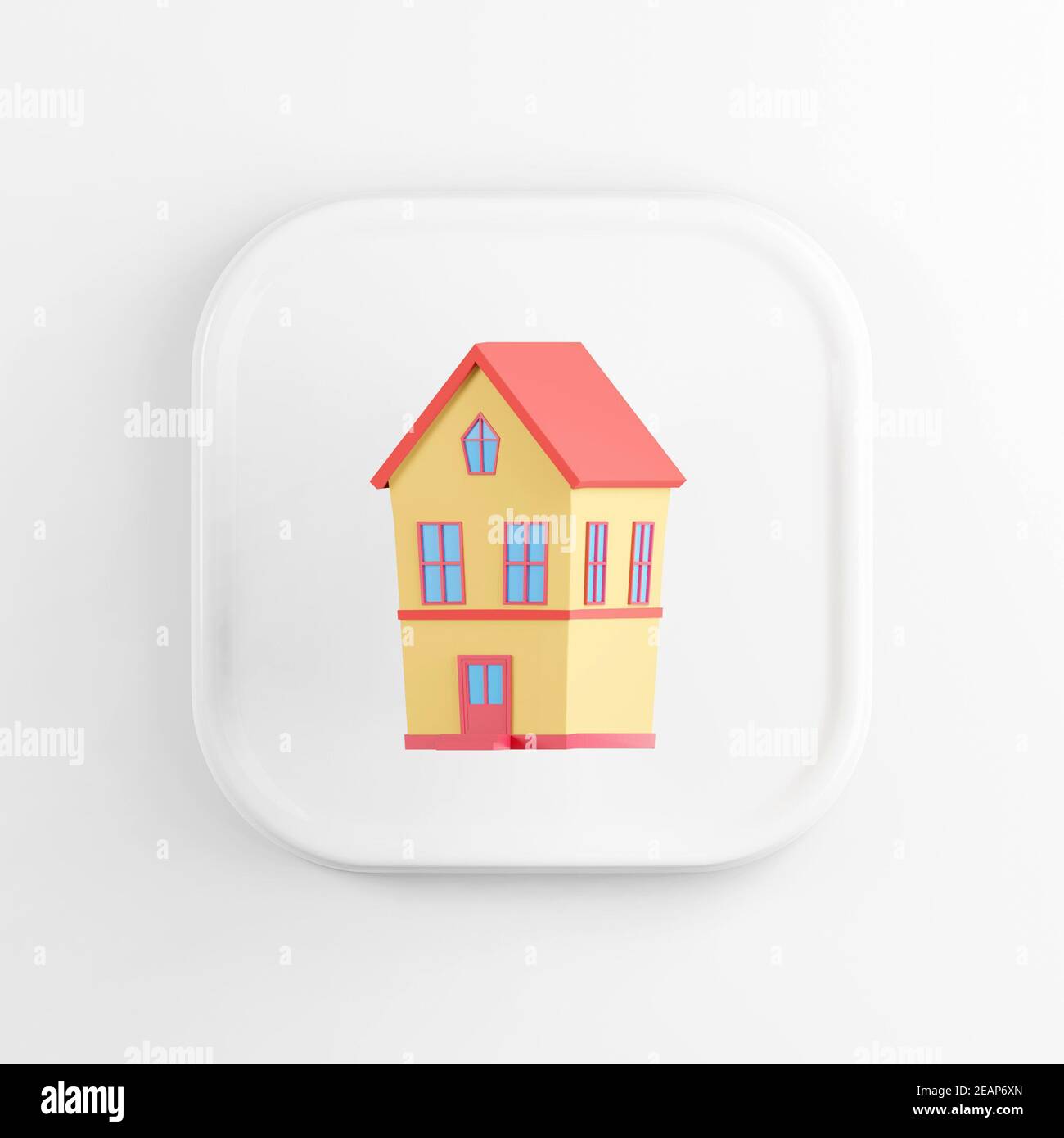 Icon of a two-story yellow house with a red roof. 3D rendering white ...