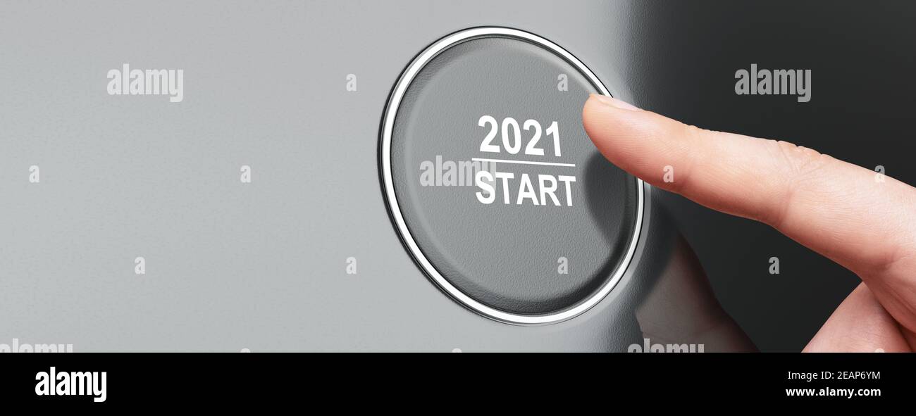 2021 - Press the start button. Concept of the New Year. 3D illustration ...