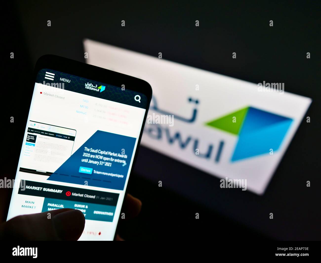 Person holding smartphone with website of Saudi Arabian stock exchange ...