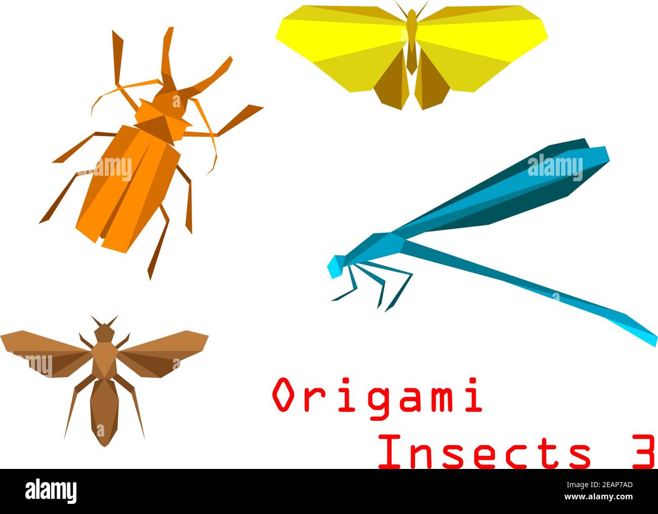 Origami paper insects with beetle, butterfly, bee, dragonfly isolated ...