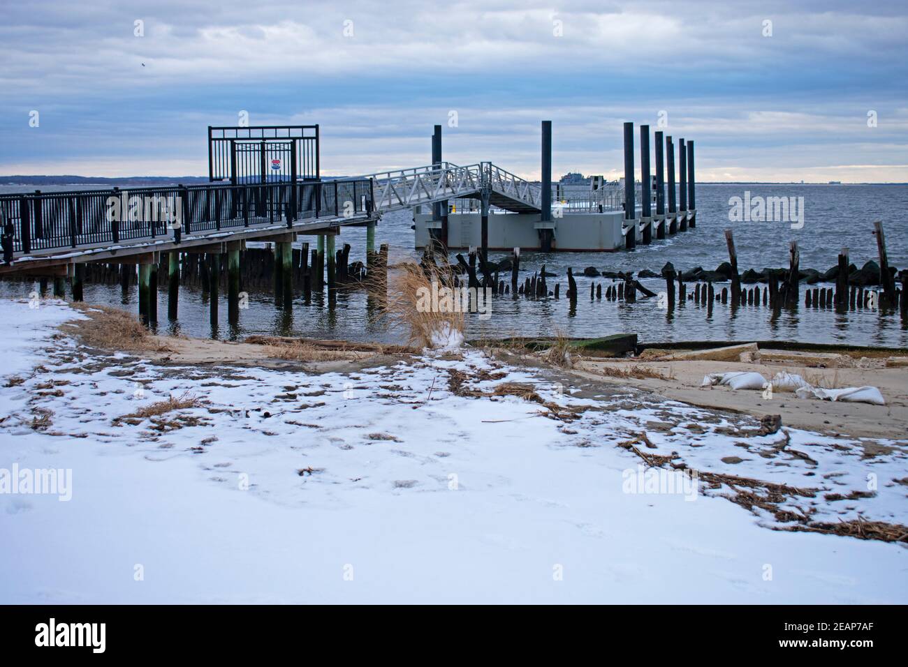 Empty Sandy Hook ferry dock following a mid-winter day that brought a ...