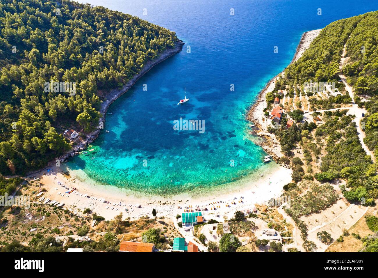 Korcula. Aerial view of Korcula island beach in Pupnatska Luka cove ...
