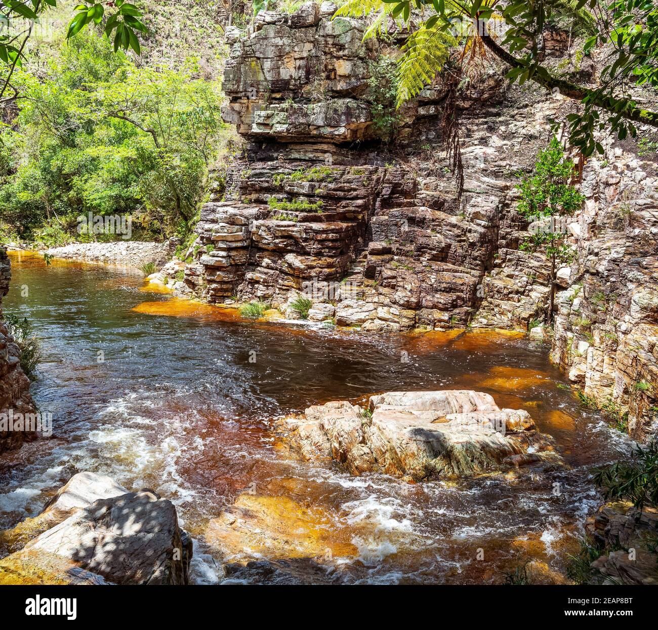 Water stream of a river running by the sedimentary rocks, water with ...