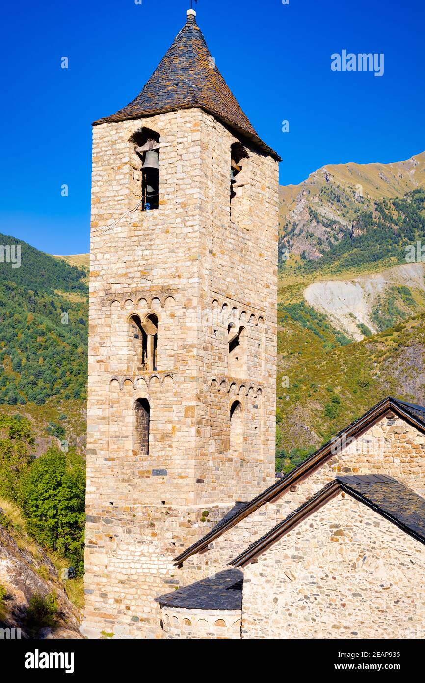 View of the Romanesque bell tower of the Boi village church of the 11th ...