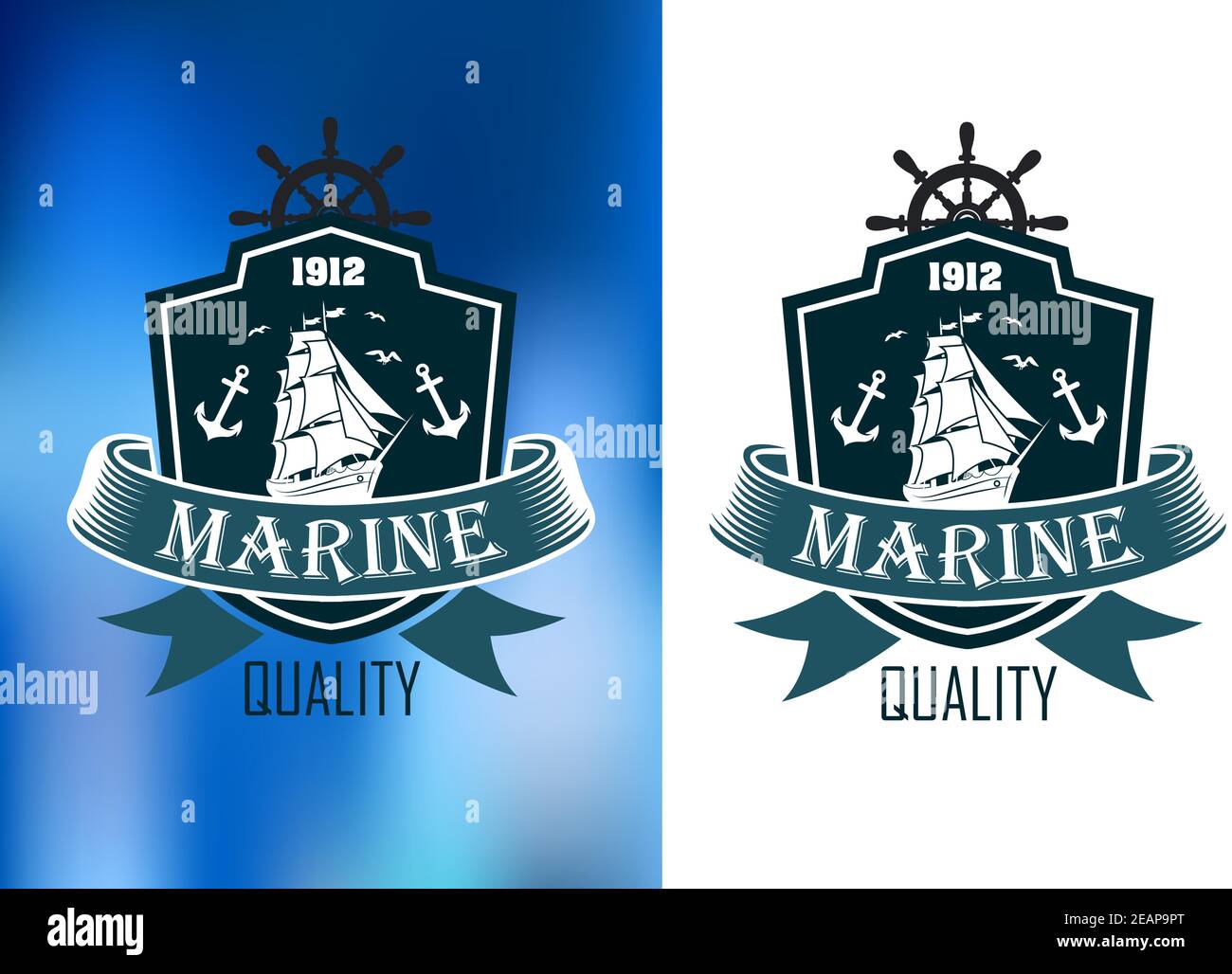 Marine quality emblems of badges in two color variations with a shield ...