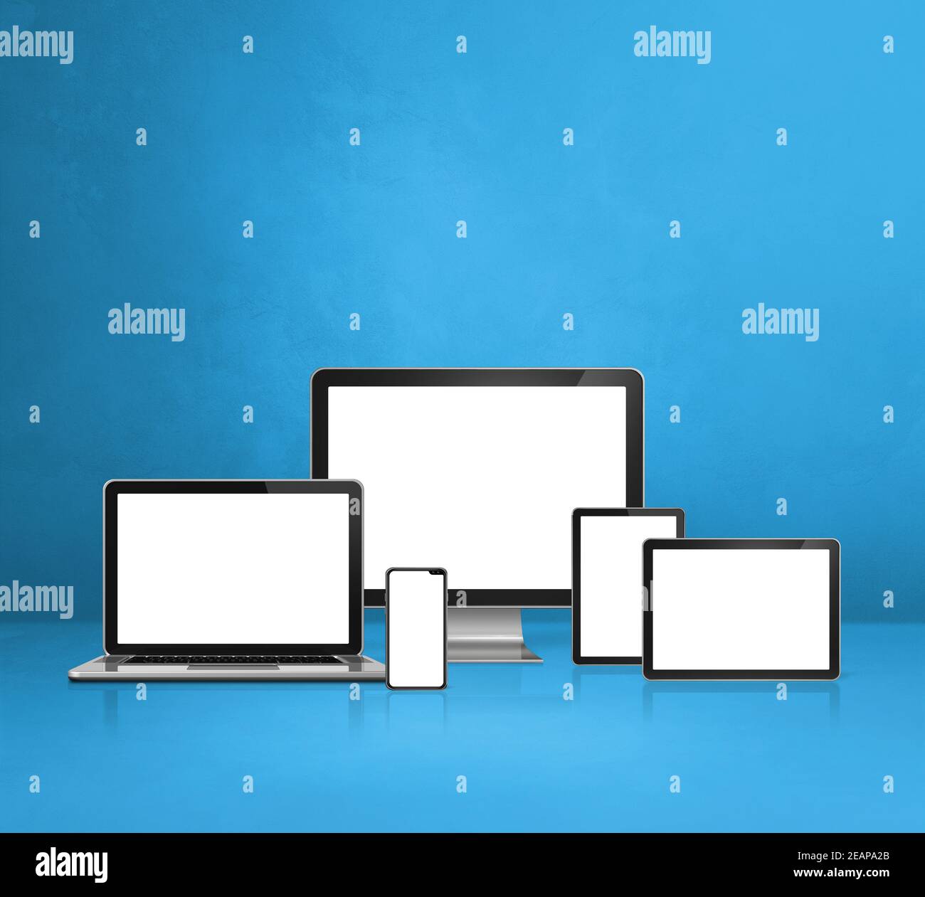 computer, laptop, mobile phone and digital tablet pc. blue background ...