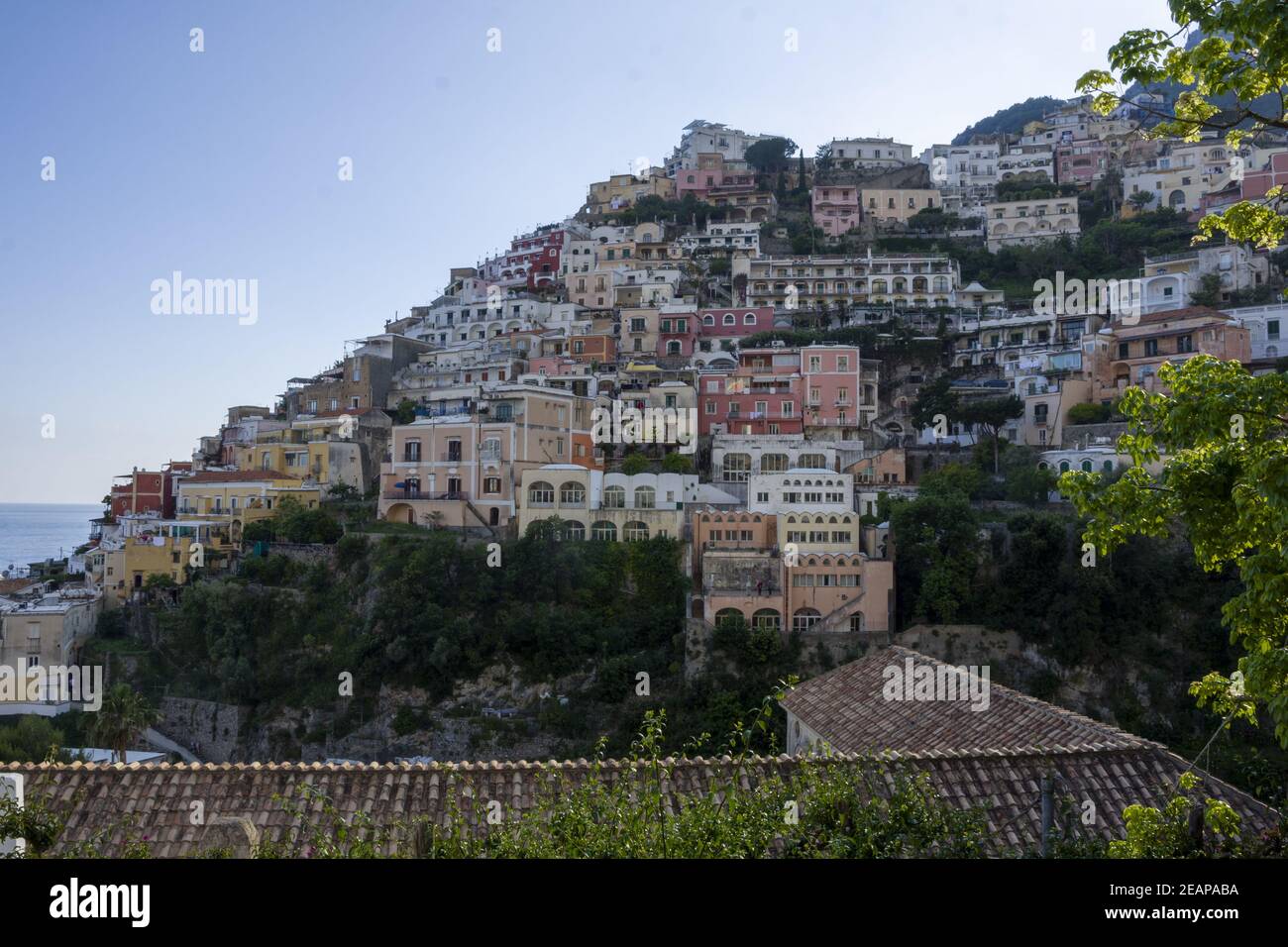 Close view of Positano cityscape on coast line of mediterranean sea ...