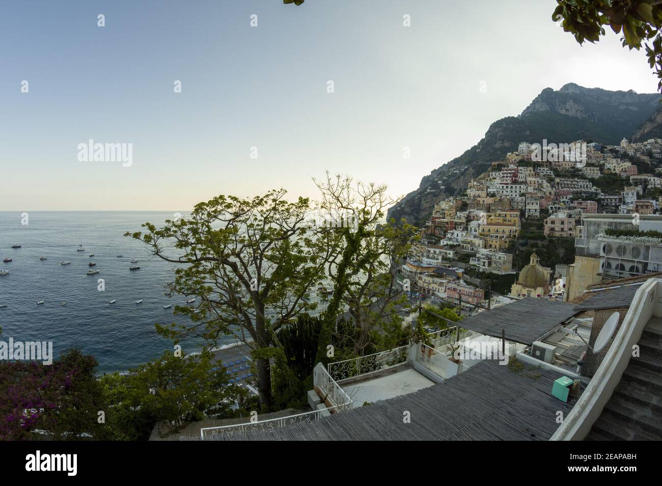 Panoramic view of Positano cityscape on coast line of mediterranean sea ...