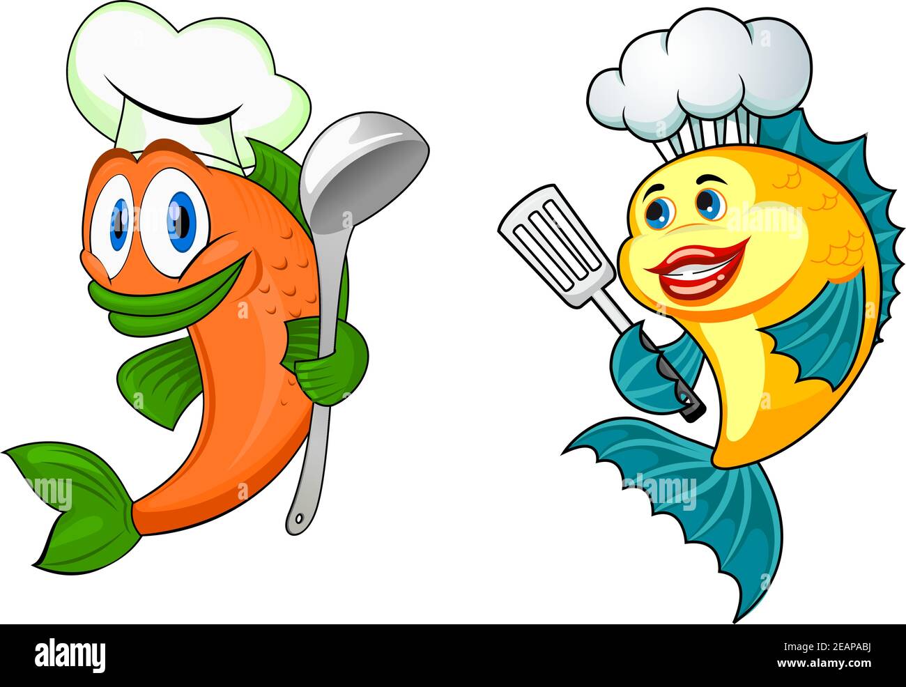 Cartoon happy fish characters with chef toque, spoon ans spatula Stock ...