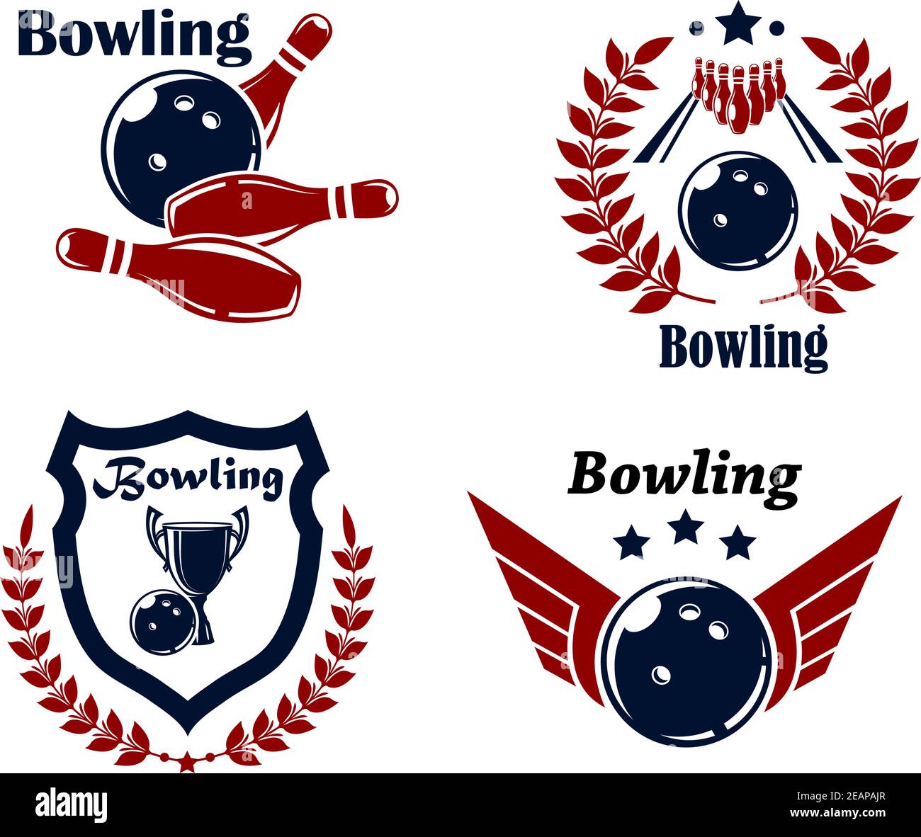 Bowling emblems or badges set with smashing ball ninepins laurel wreath ...