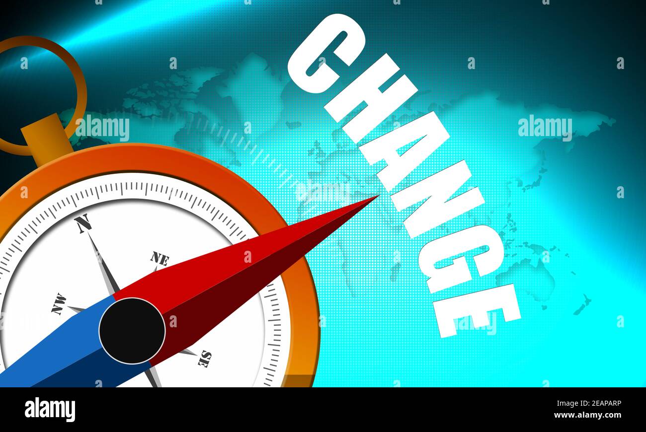 Magnetic compass with needle pointing Change word Stock Photo - Alamy