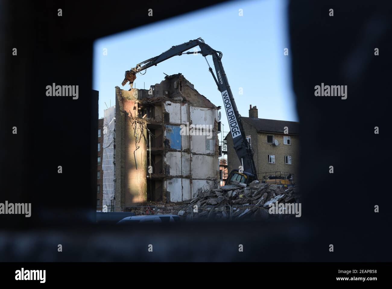 Urban regeneration. A Volvo EC380EHR high reach excavator is used to ...