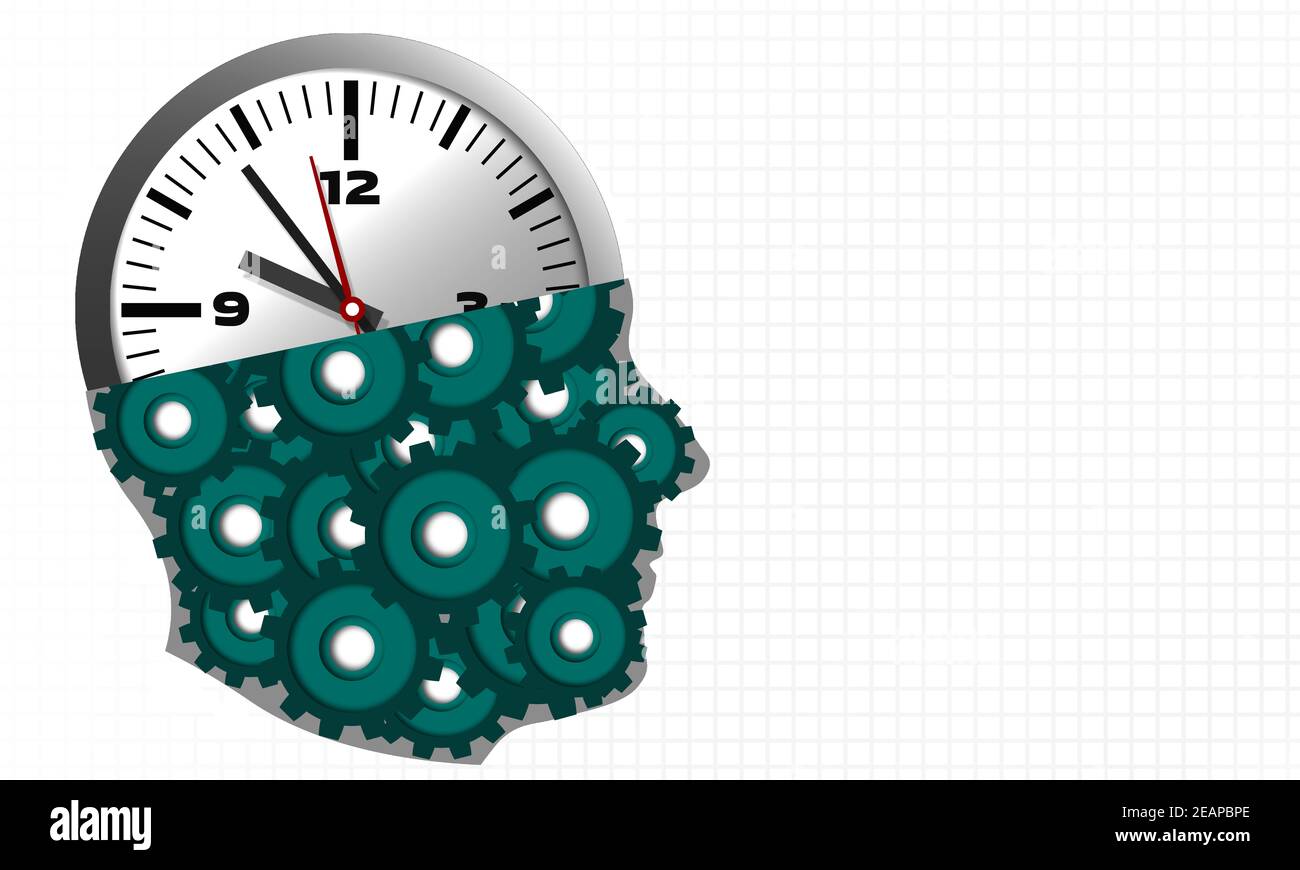 Thinking business time concept as clock and gears with human head Stock ...