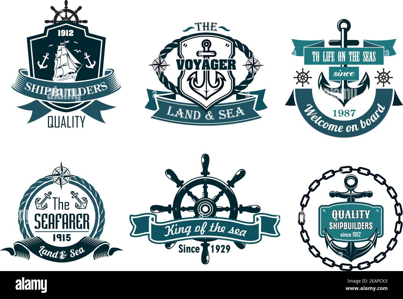 Blue nautical and sailing themed banners or icons with ship, anchor ...