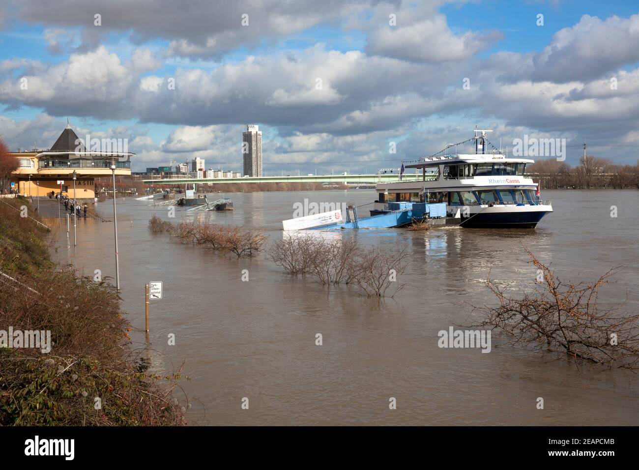 Cologne, Germany, February 4th. 2021, flood of the river Rhine, in the ...