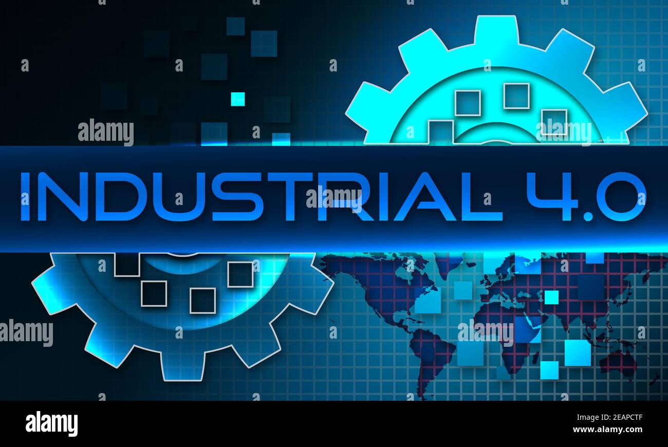 Industry 4.0 concept text on the mechanism of gears. Technology ...