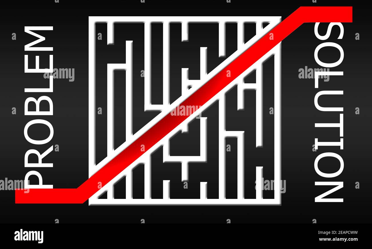 Problem and solution word with maze Stock Photo - Alamy