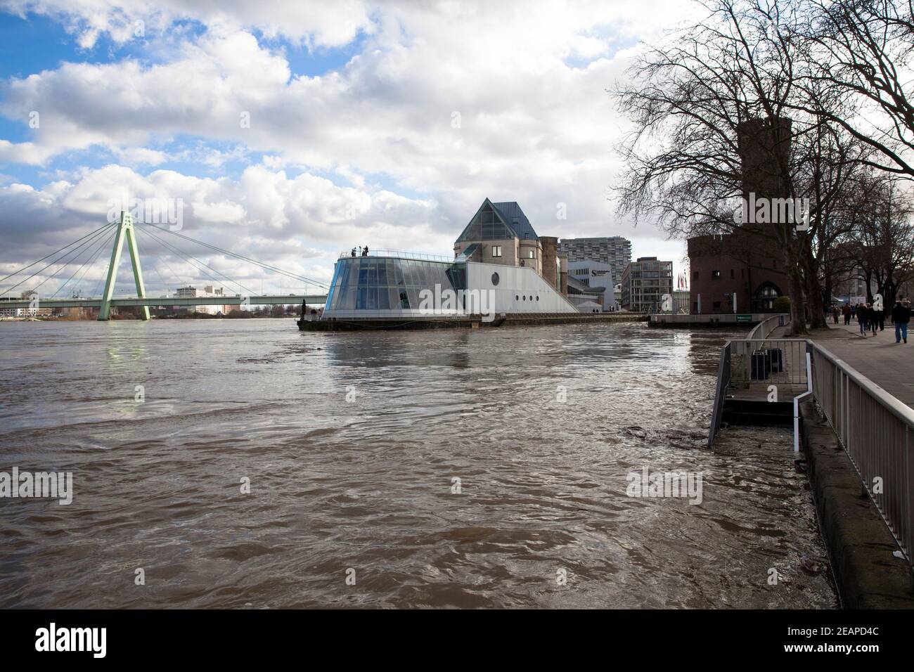 Cologne, Germany, February 4th. 2021, flood of the river Rhine, view to ...