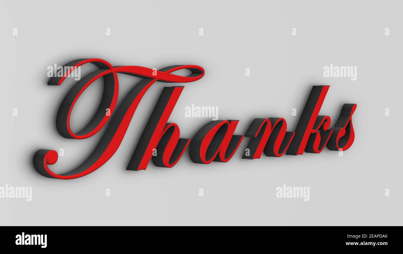 Thanks - red black lettering in handwritten style with shadow on grey ...