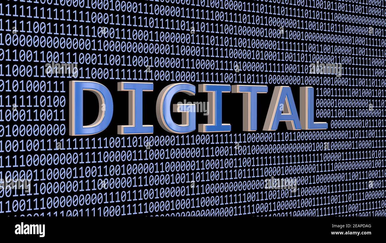 DIGITAL lettering integrated into a binary code screen colored in light ...