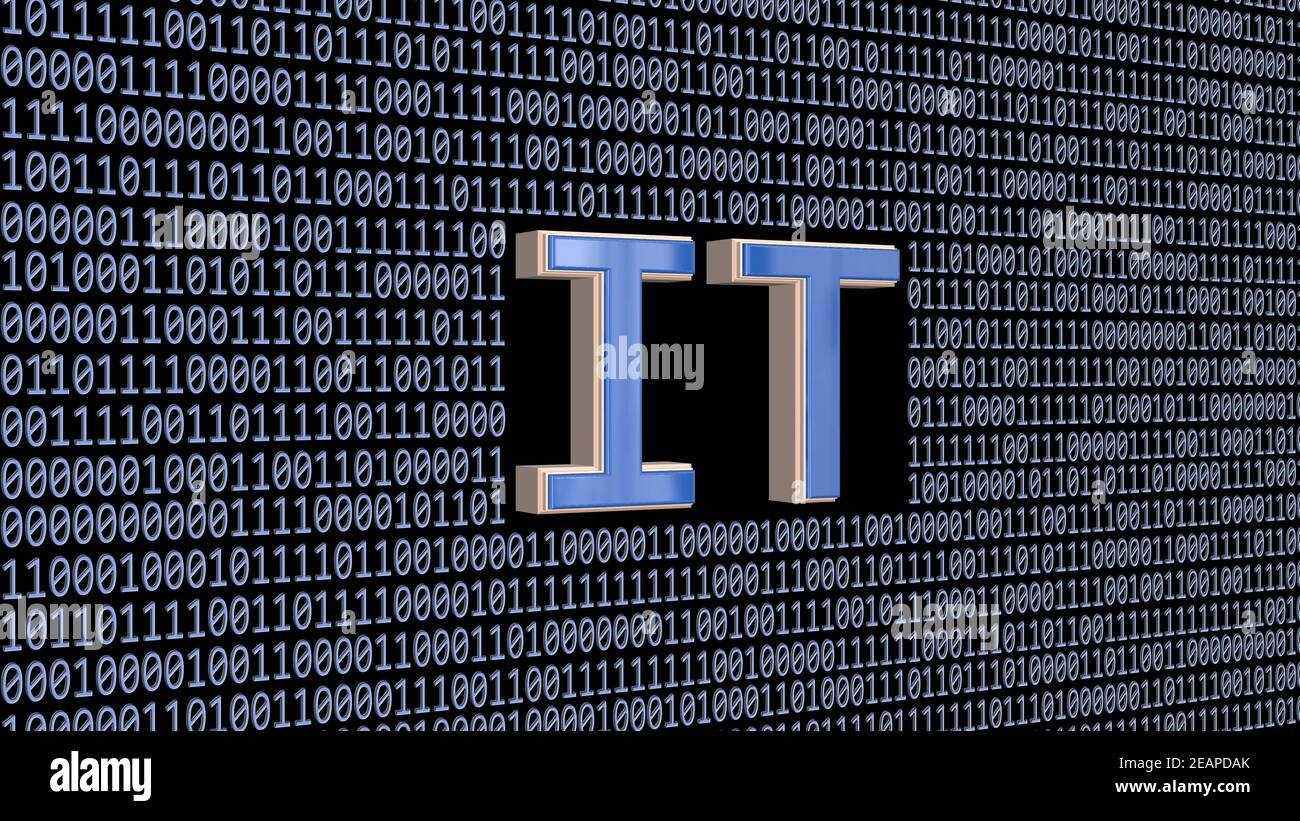IT sign integrated into wall of binary code colored in light blue on ...