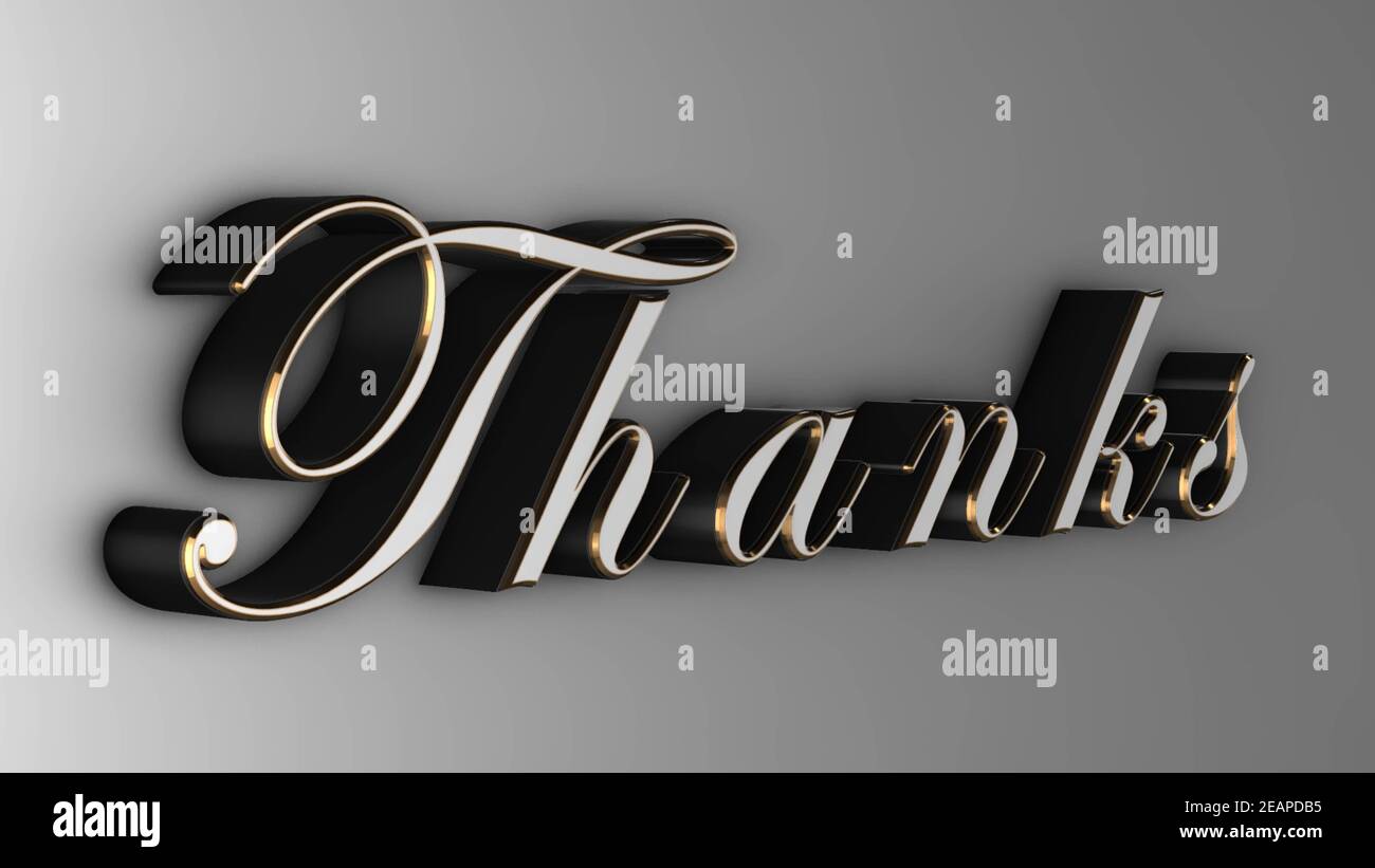 Thanks - gold black lettering in handwritten style with shadow on grey ...
