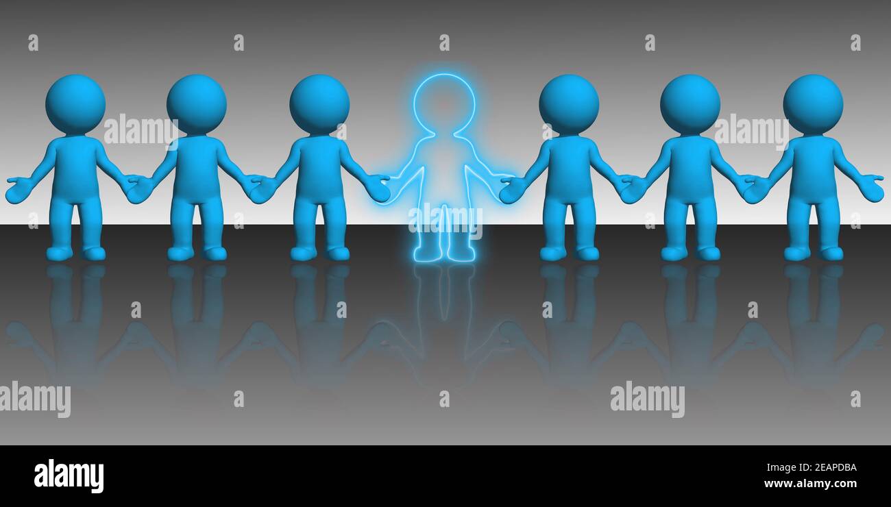 Miss you theme - line of blue 3D people holding hands - one missing in ...